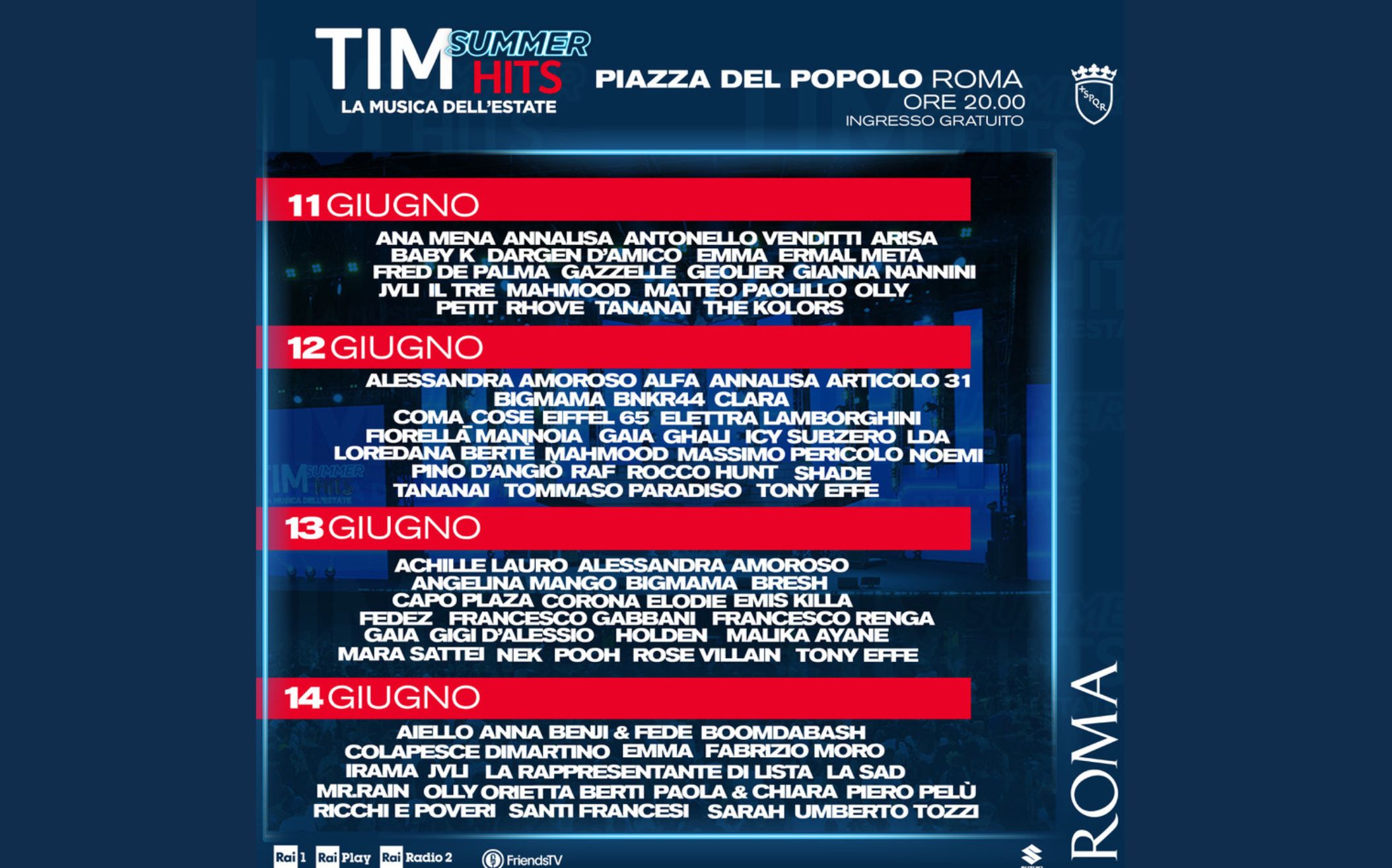 Tim Summer Hits, dal martedì 11 a venerdì 14 giugno a Roma - La Ragione